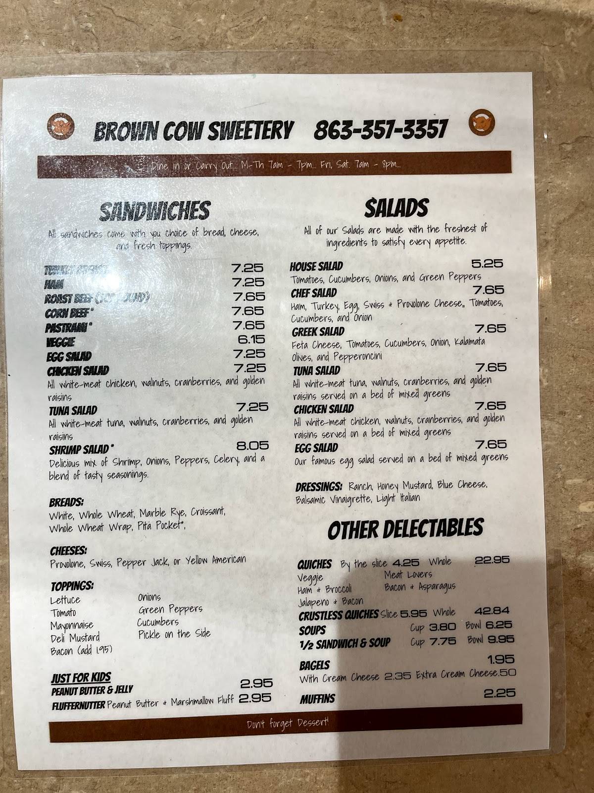 Menu at Brown Cow Sweetery cafe, Okeechobee