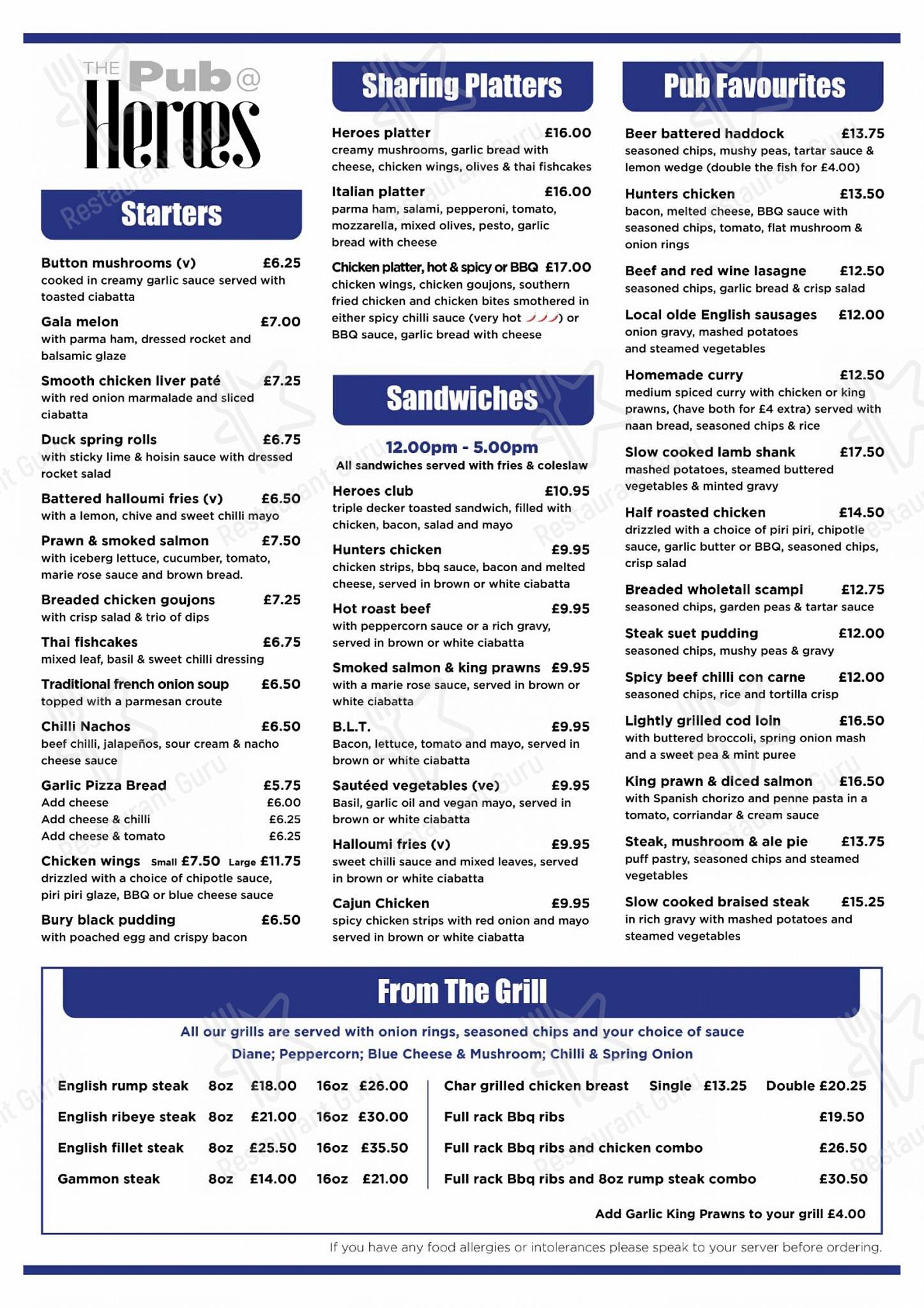 Menu at Heroes Of Waterloo restaurant, Ashton-under-Lyne