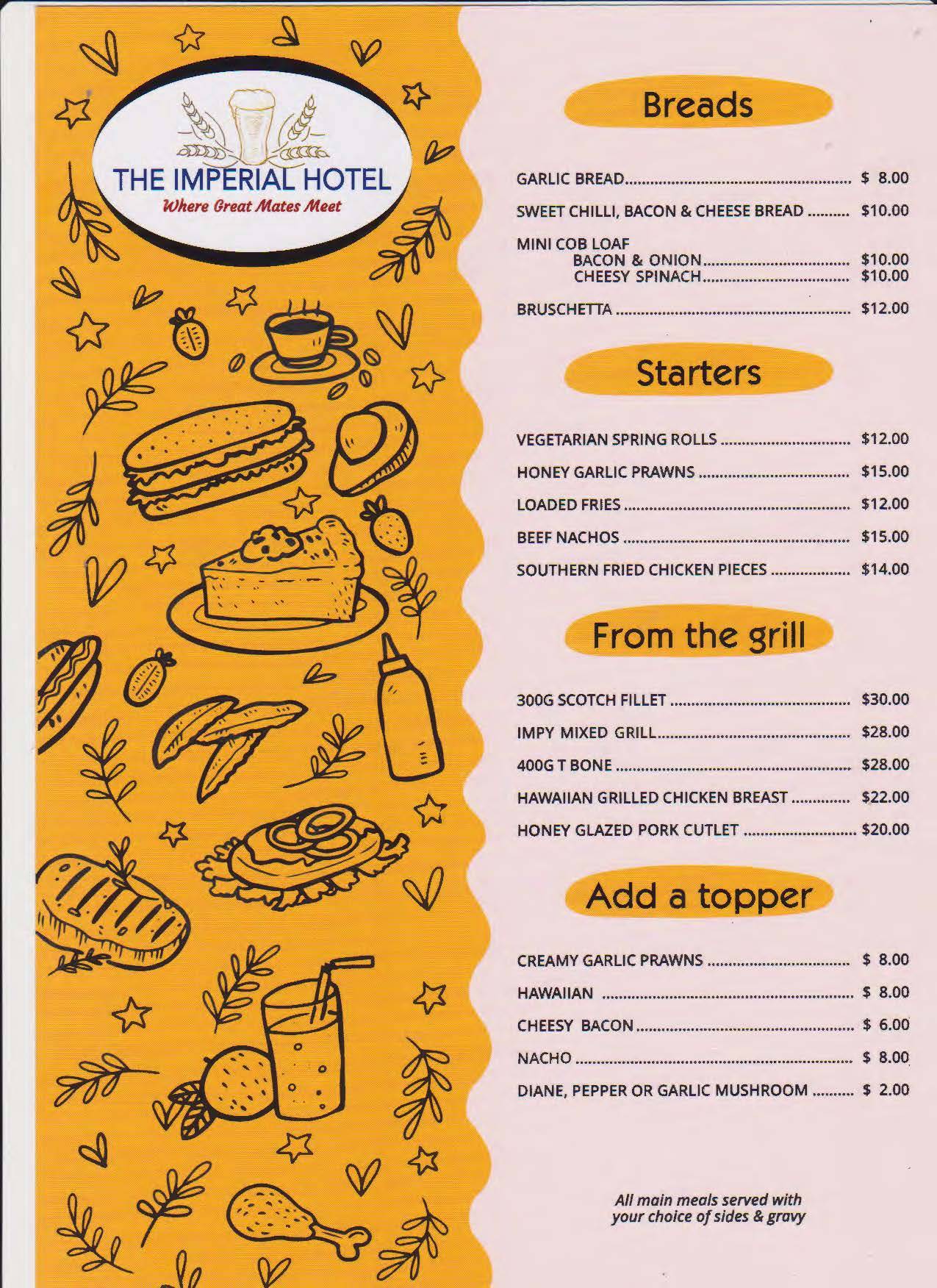 Menu at Imperial Hotel Gunnedah pub & bar, Gunnedah
