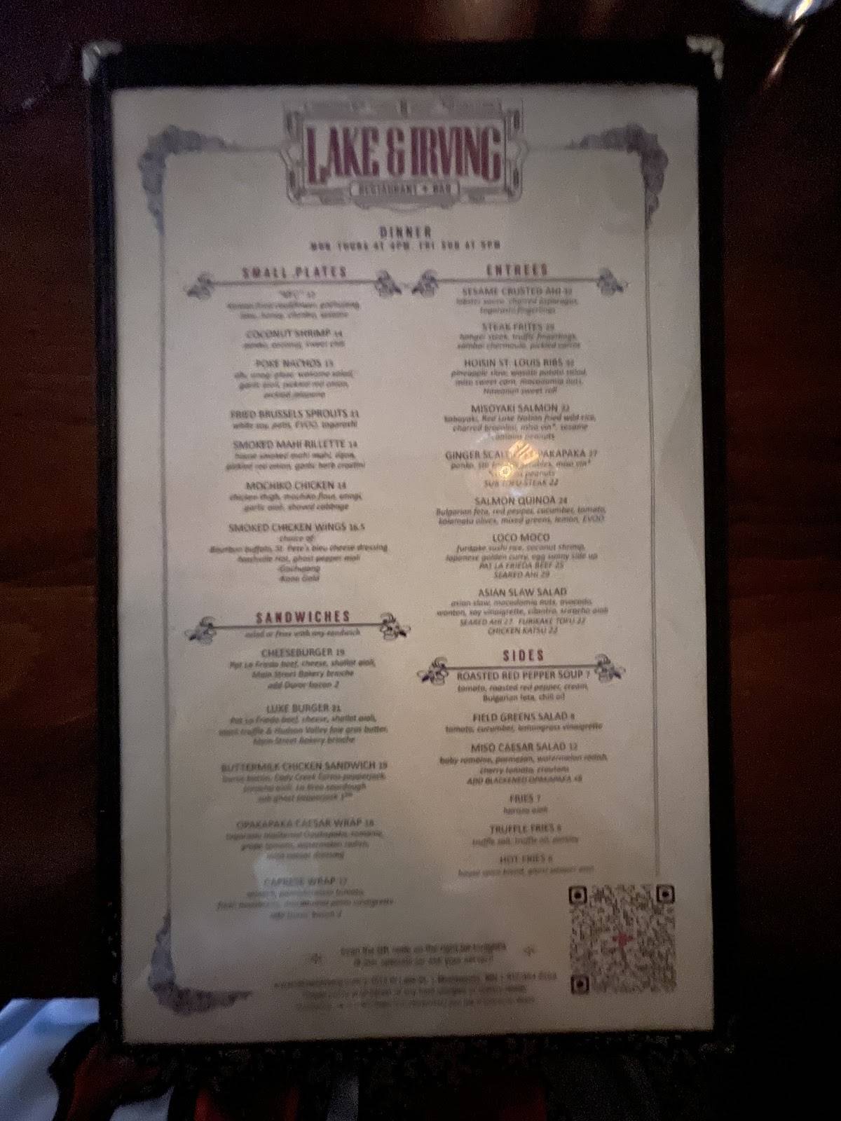Menu at Lake & Irving Restaurant & Bar, Minneapolis