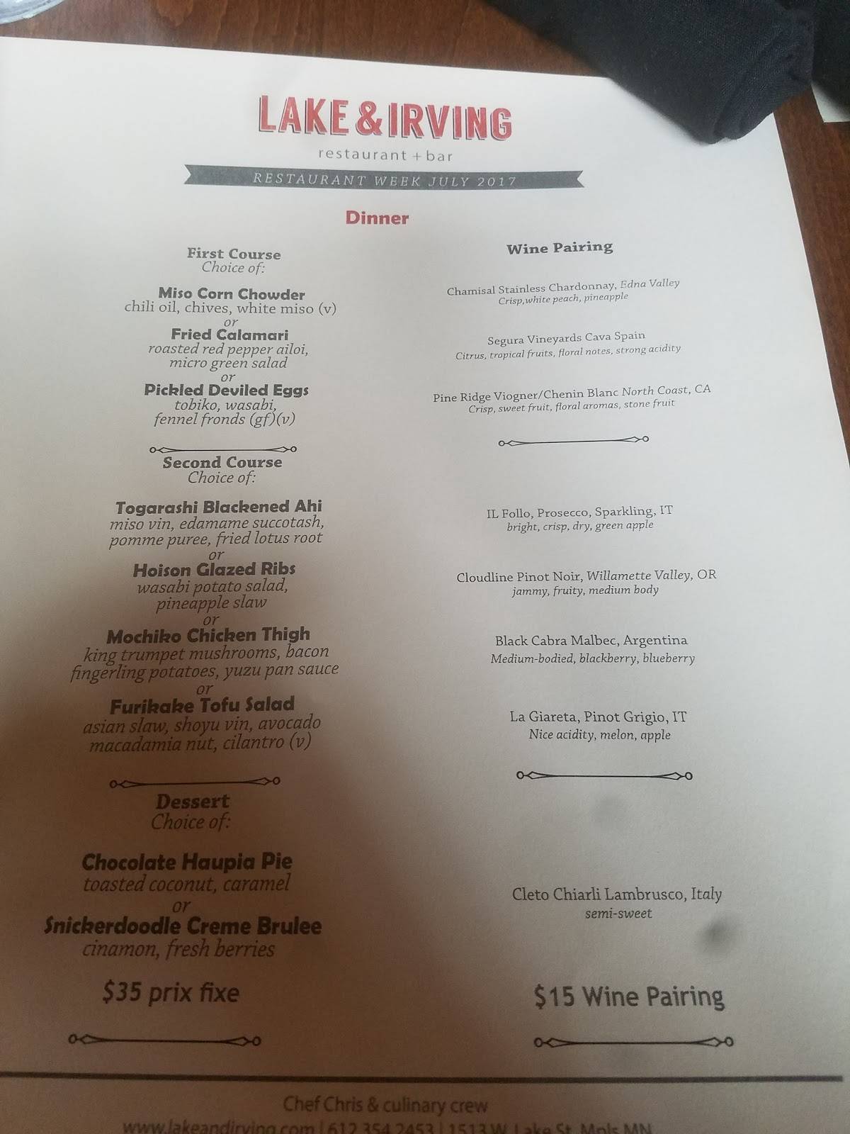 Menu at Lake & Irving Restaurant & Bar, Minneapolis