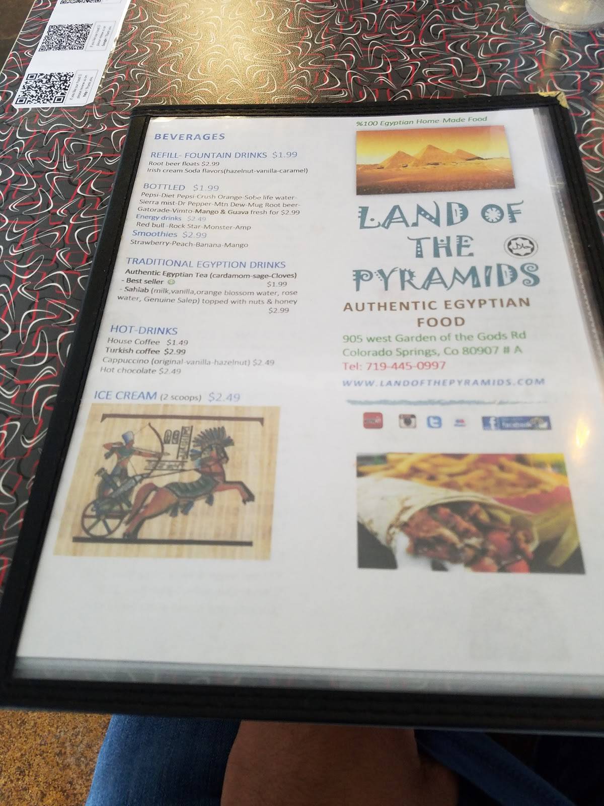 Menu at Land of the Pyramids restaurant, Colorado Springs