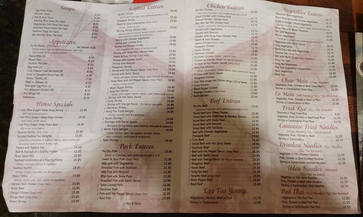 Menu at Coal Mine Dragon restaurant, Evergreen