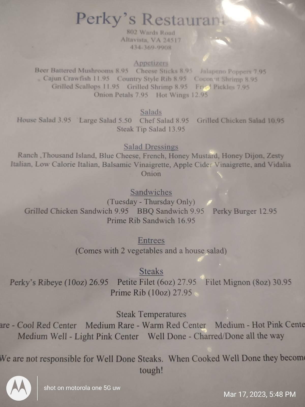 Menu at Perky's Restaurant, Altavista