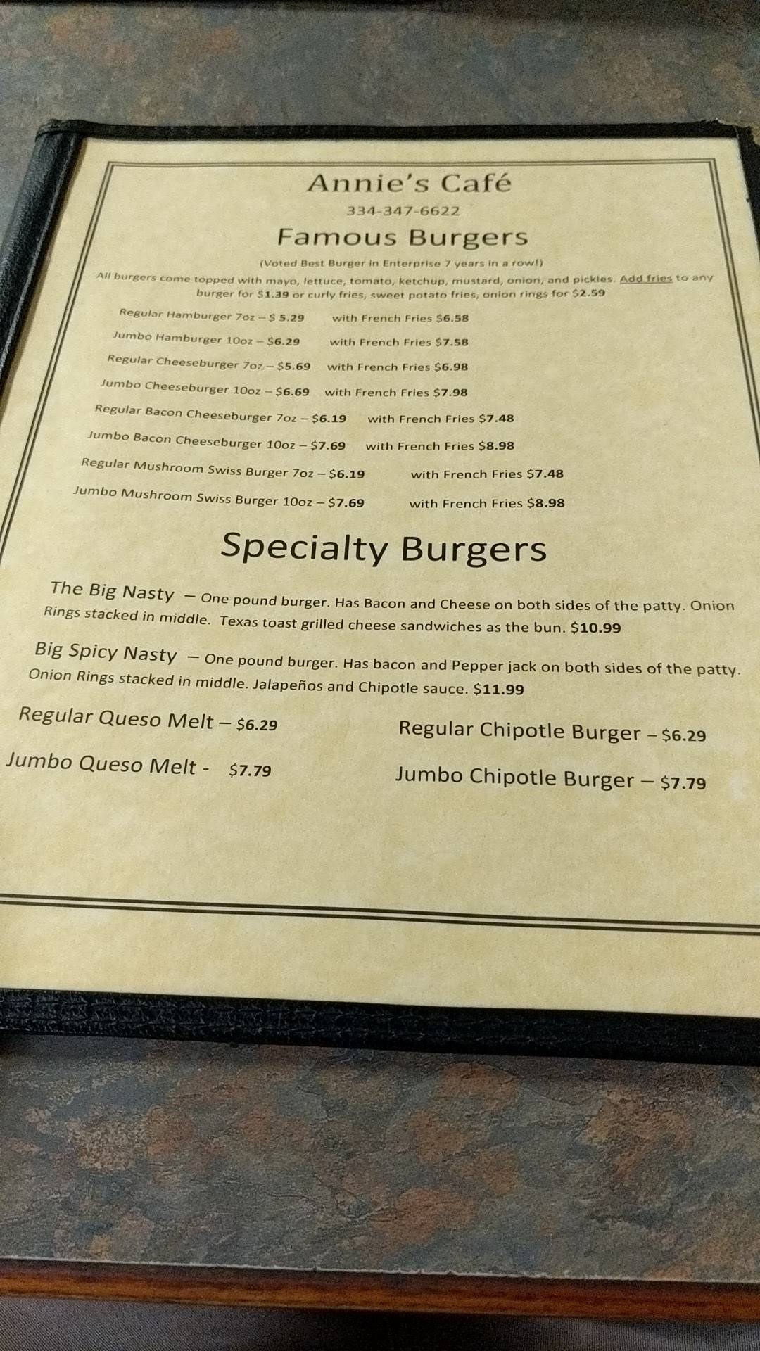 Menu at Annie's Cafe, Enterprise