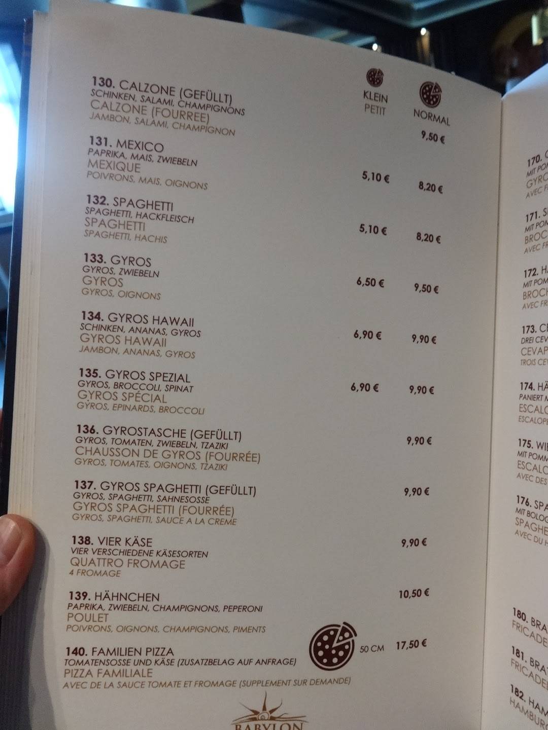 Menu at Babylon Restaurant, Kelmis