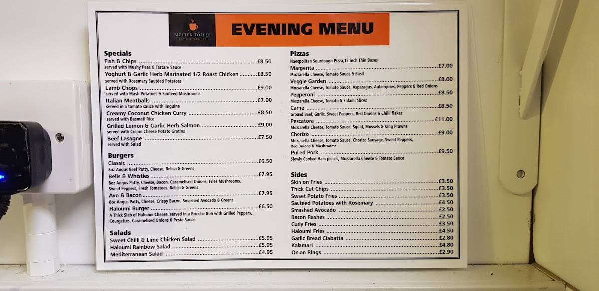 Menu at Molten Toffee cafe, London