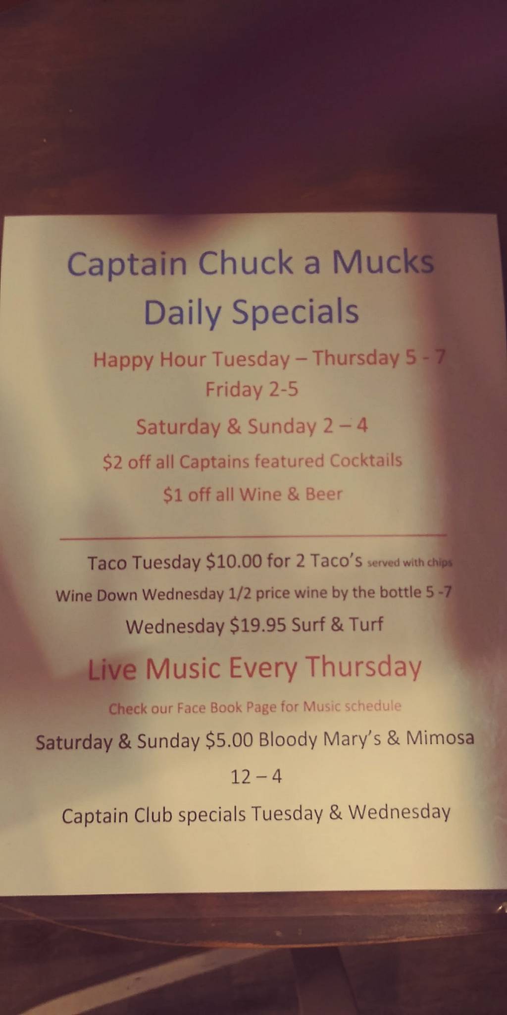 Menu at Captain Chuck-A-Muck's restaurant, Rescue, Marina Rd SUITE 100