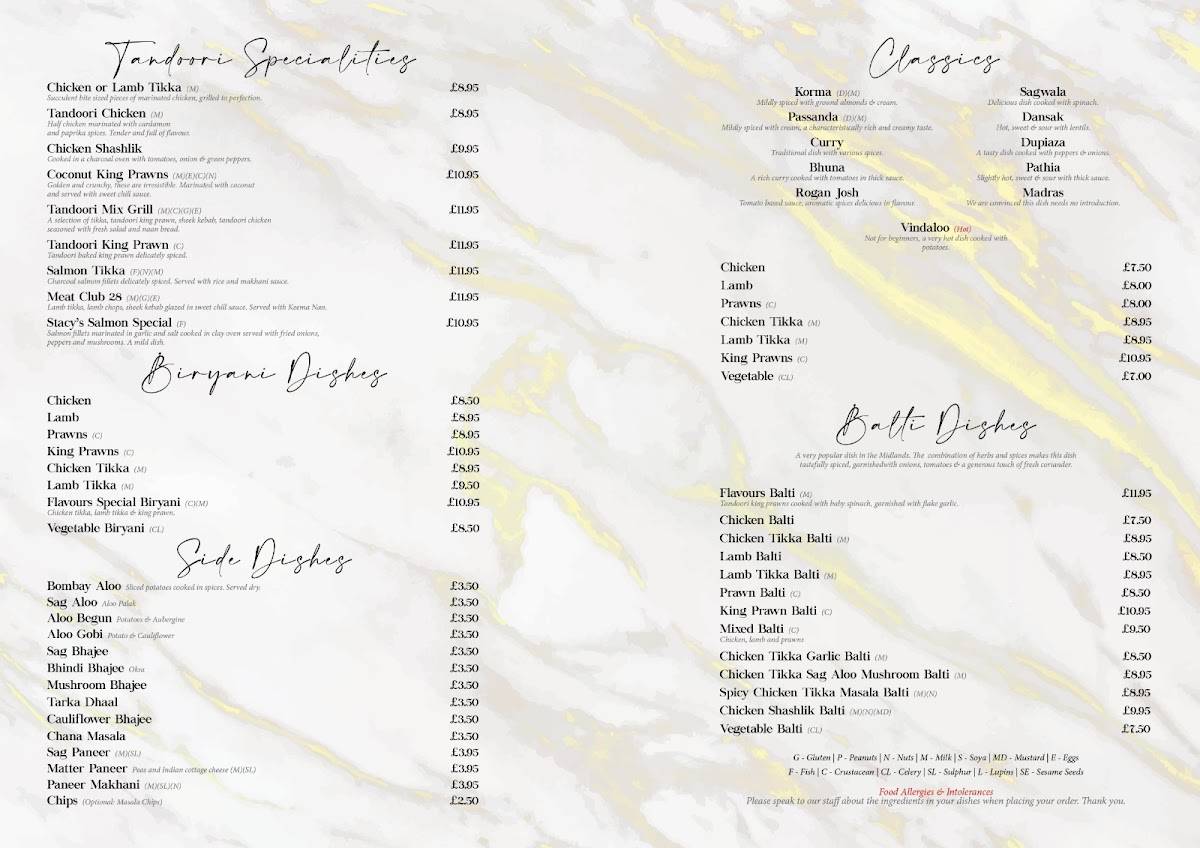 Menu at Flavours restaurant, Bromyard