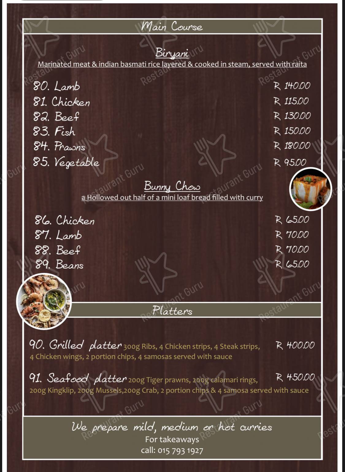 Menu at Kalimambo Pub, Indian Restaurant, and Grill, Hoedspruit