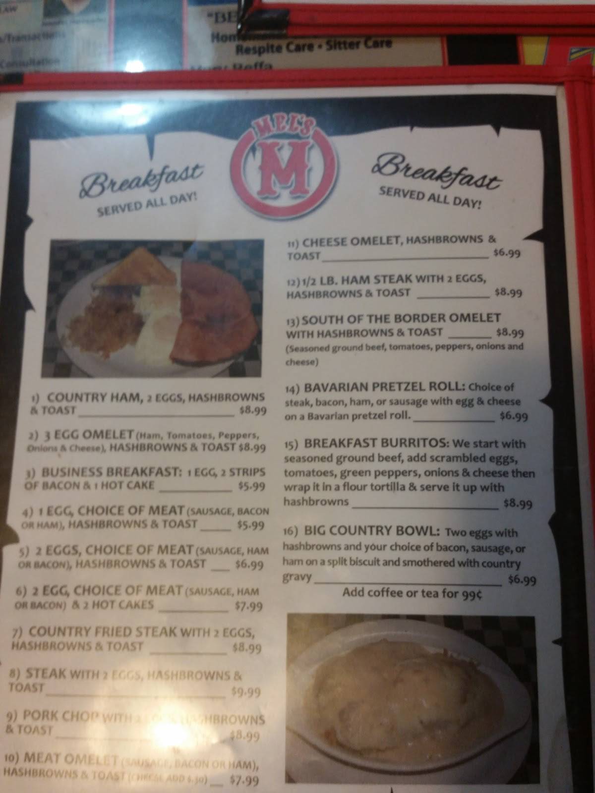 Menu at Mel's Cafe, Jefferson City
