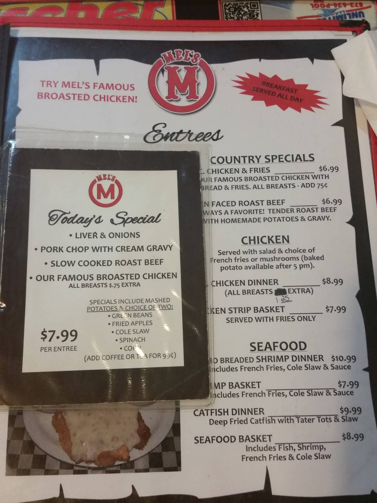 Menu at Mel's Cafe, Jefferson City
