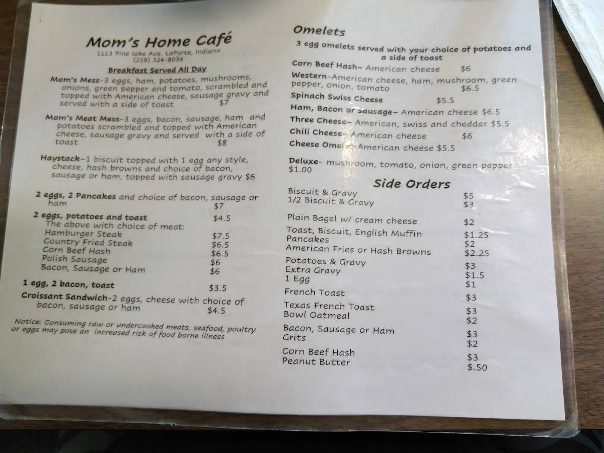 Menu at Mom's Home Cafe, La Porte