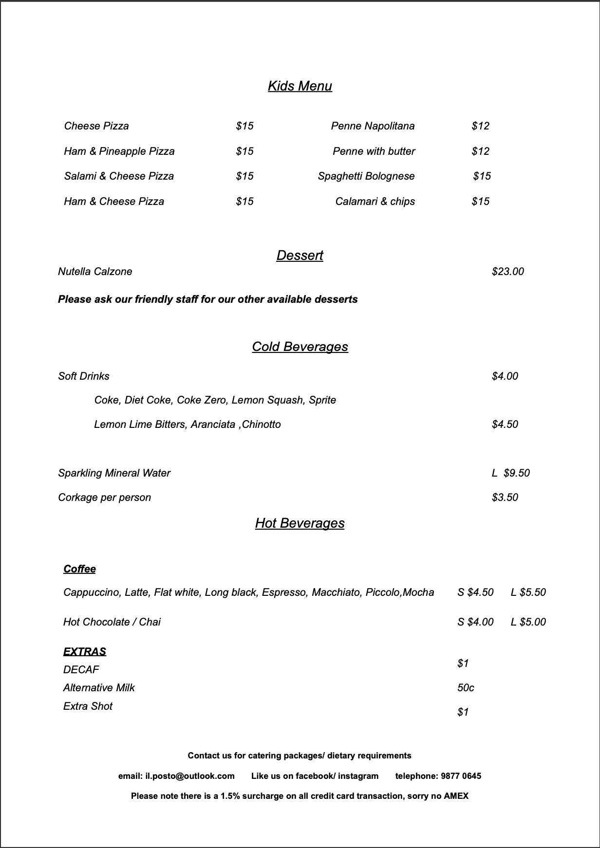 Menu at Il Posto restaurant, North Epping