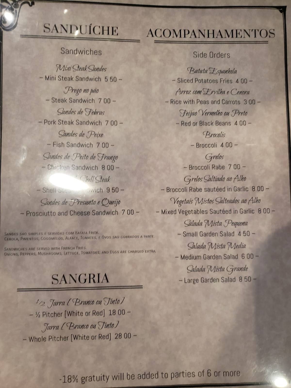 Menu at Portugal Express restaurant, Elizabeth