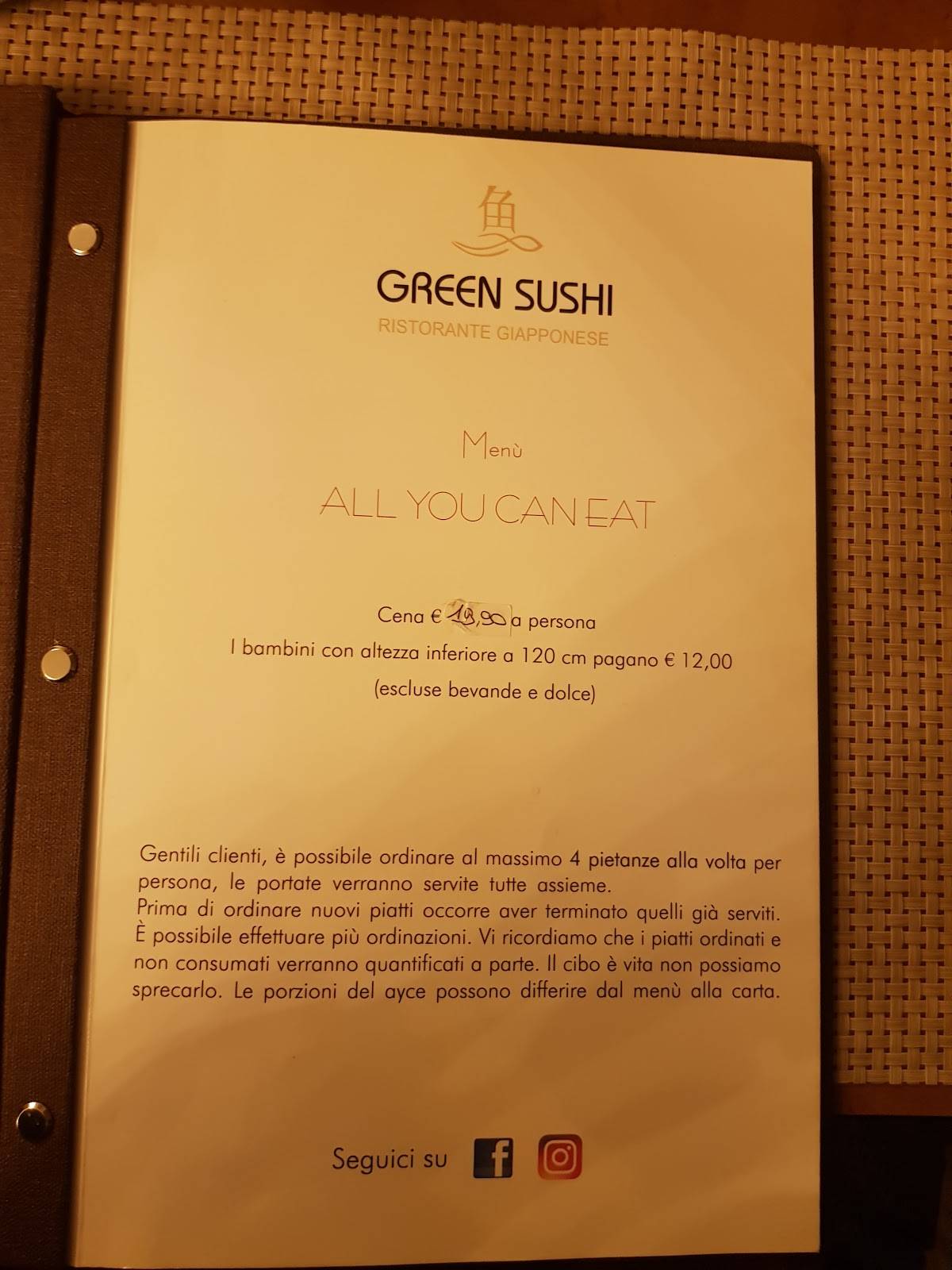 Menu at Green Sushi restaurant, Milan