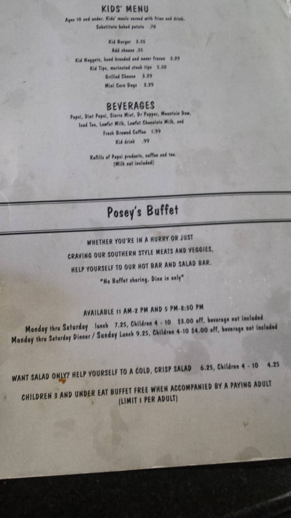 Menu at Posey's Restaurant, Hazel Green