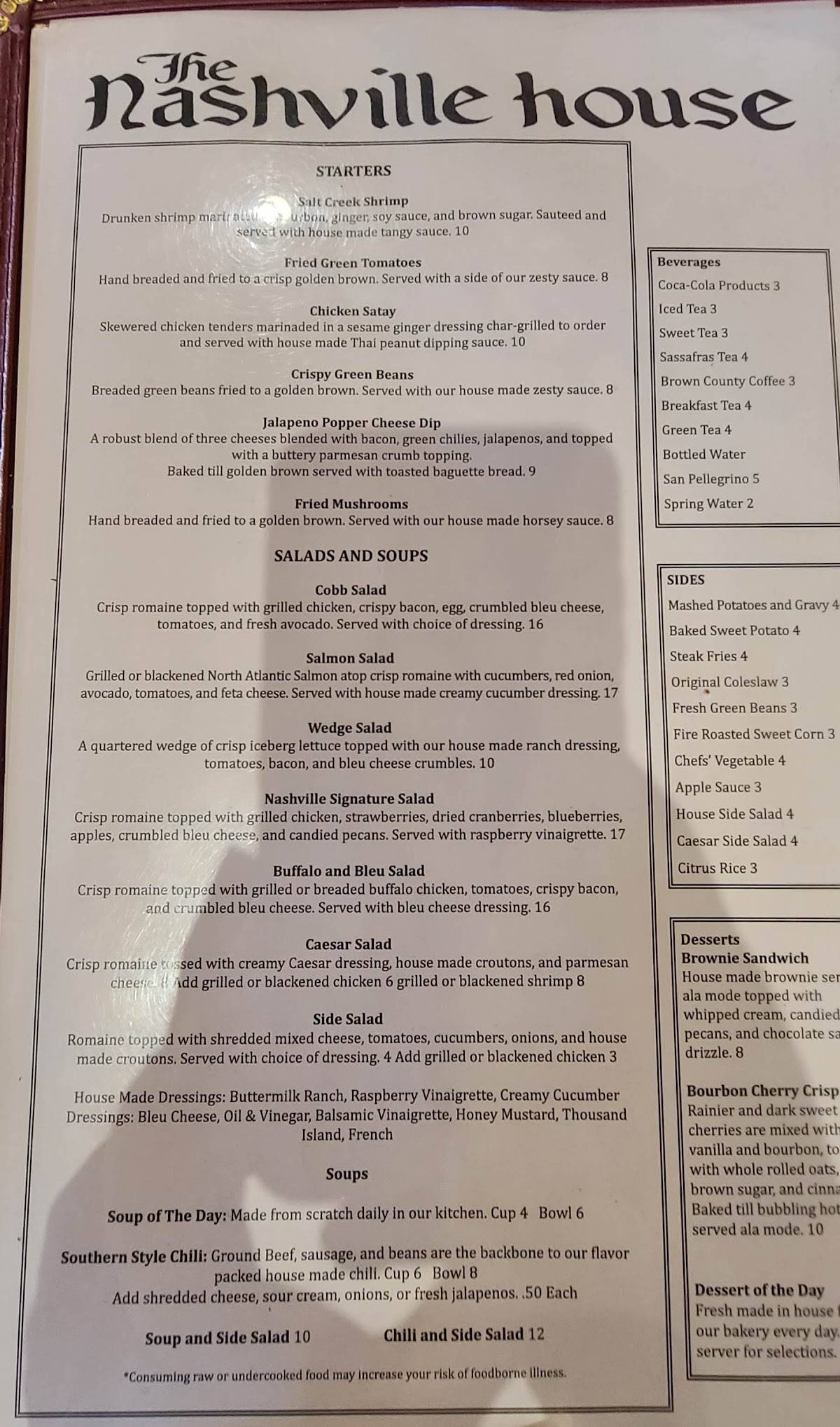 Menu at The Nashville House restaurant, Nashville, 15 S Van Buren St