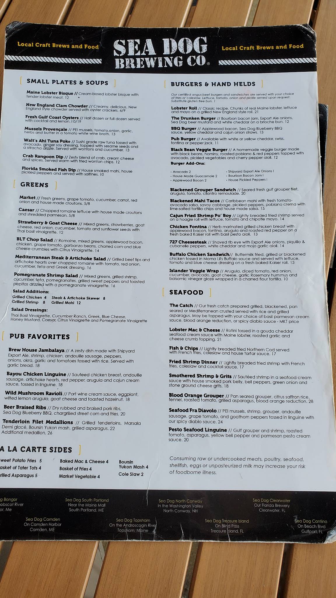 Menu at Sea Dog Brewing Co. pub & bar, Treasure Island