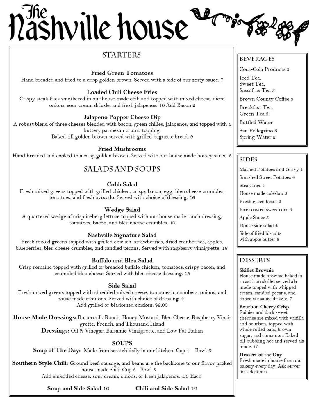 Menu at The Nashville House restaurant, Nashville, 15 S Van Buren St