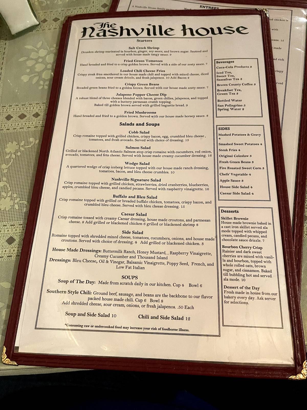 Menu at The Nashville House restaurant, Nashville, 15 S Van Buren St