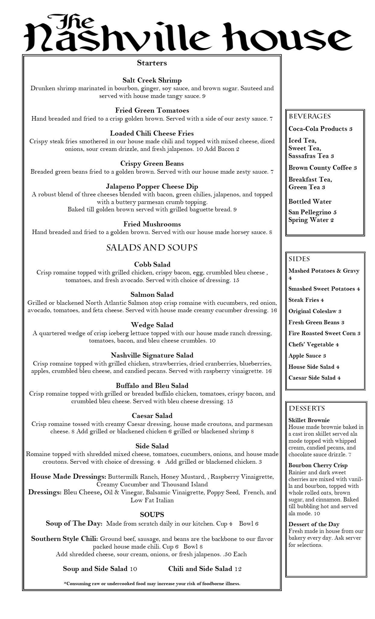 Menu at The Nashville House restaurant, Nashville, 15 S Van Buren St