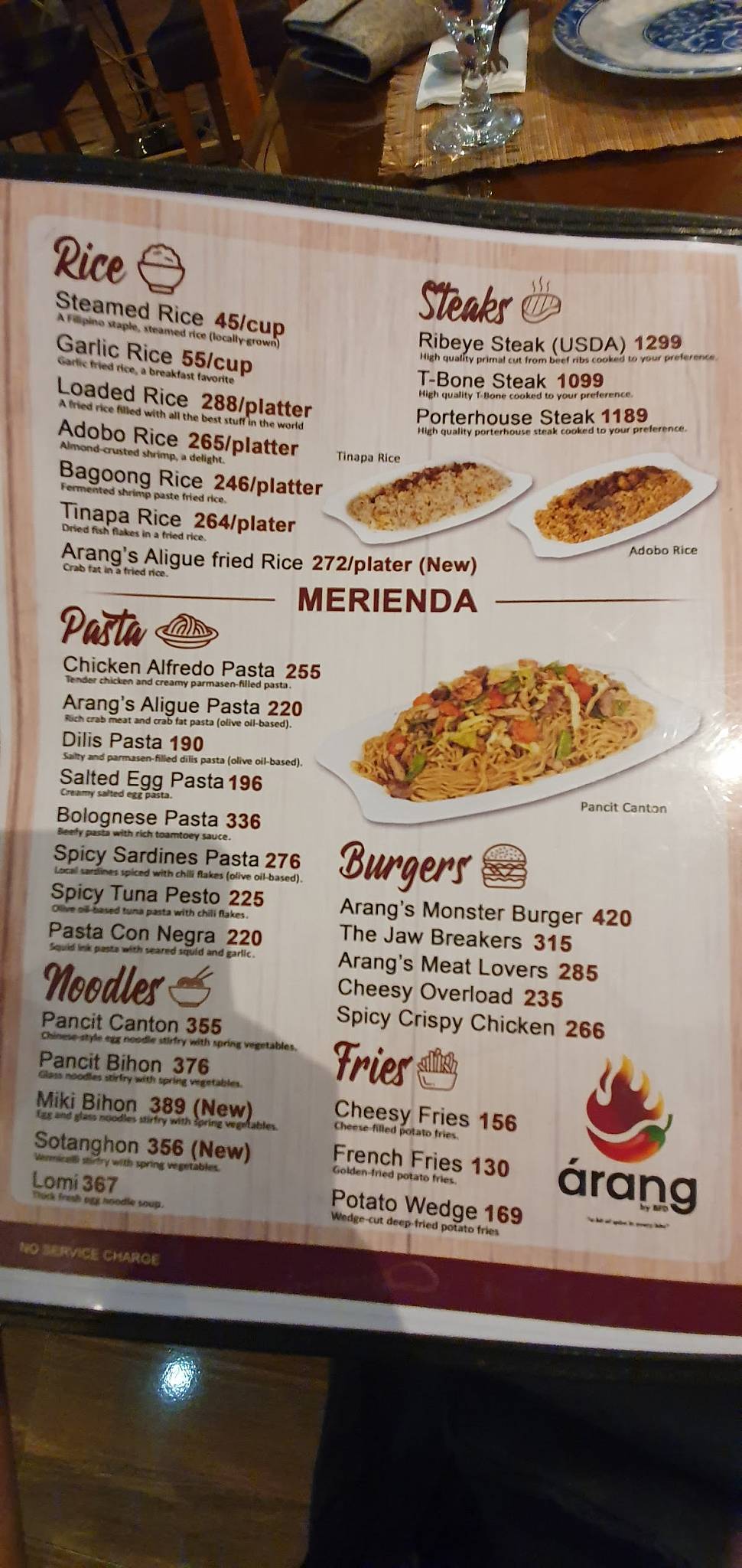 Menu at Arang Resto Bar, Legazpi City
