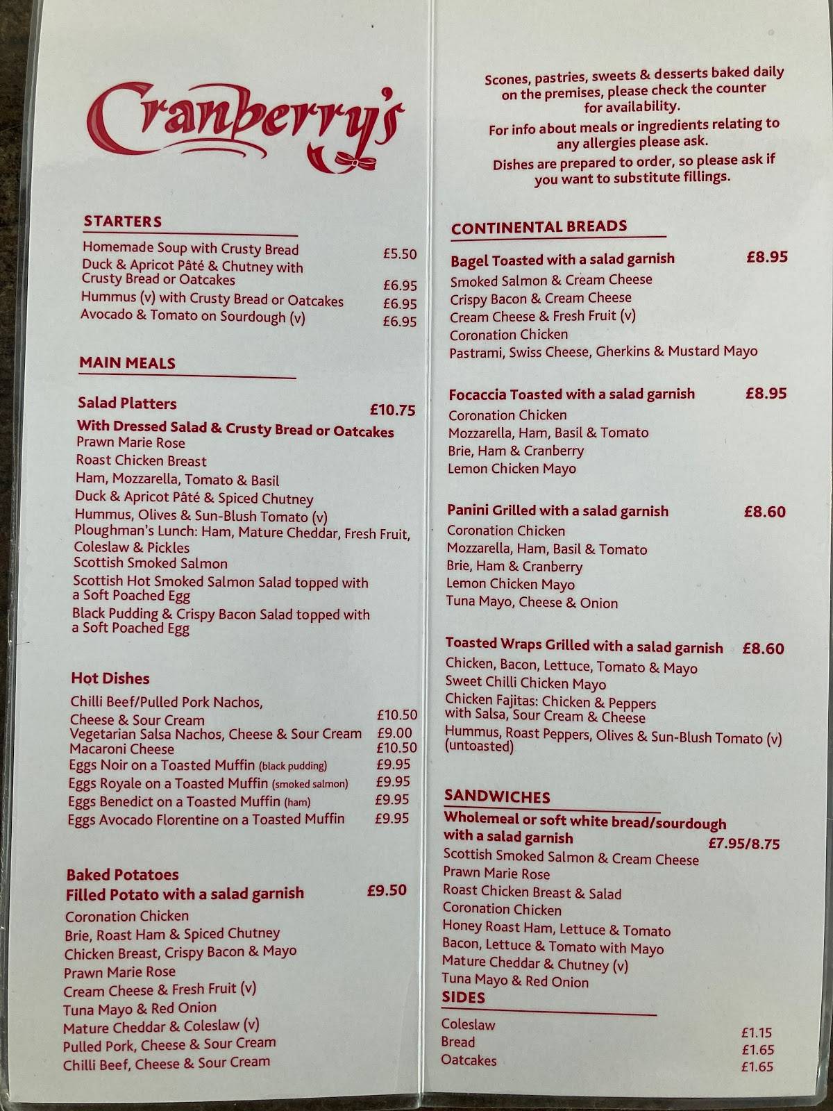 Menu at Cranberrys cafe, Glasgow