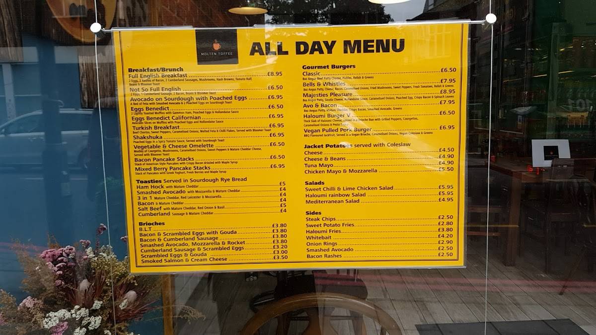 Menu at Molten Toffee cafe, London