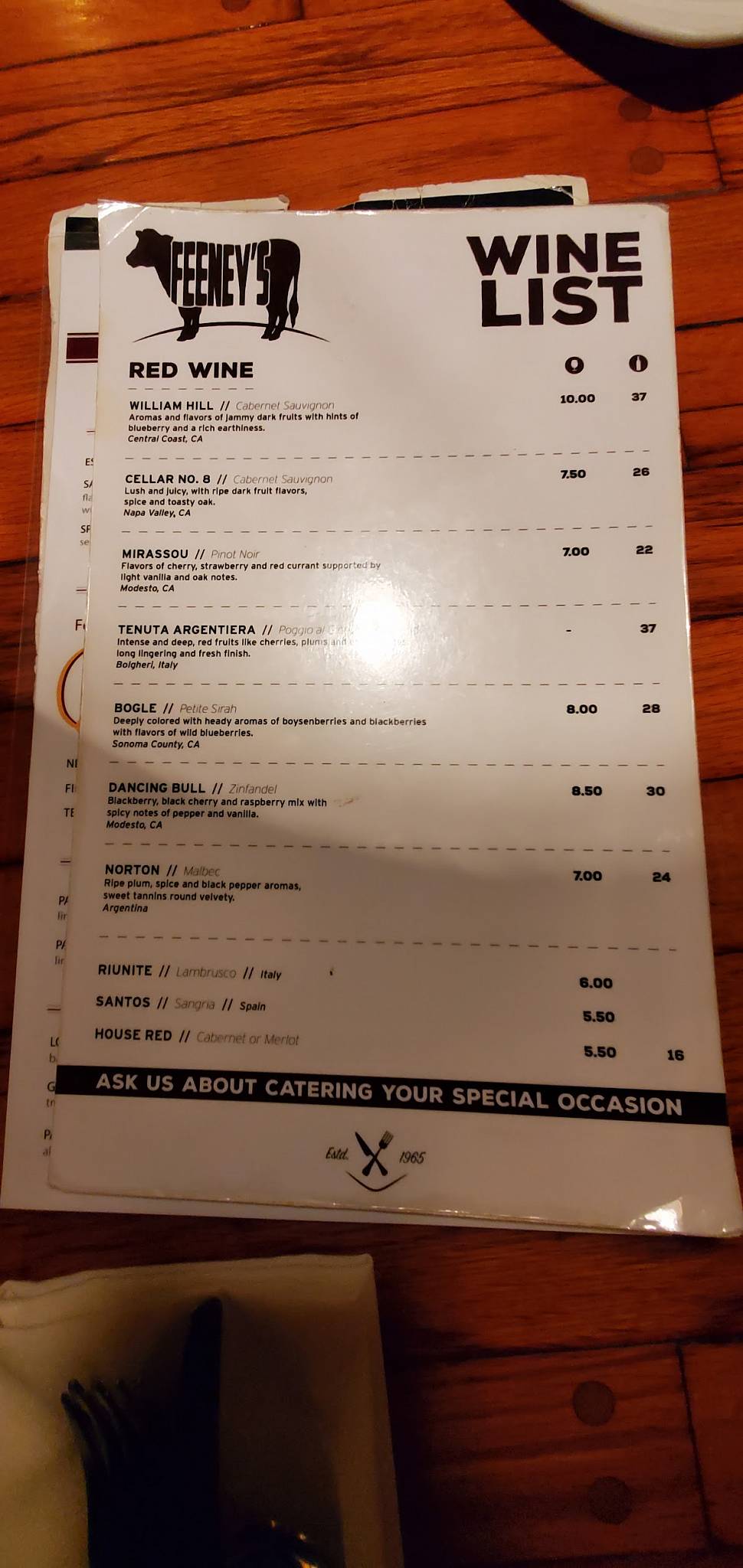 Menu at Feeney's Restaurant & Bar, Phoenix
