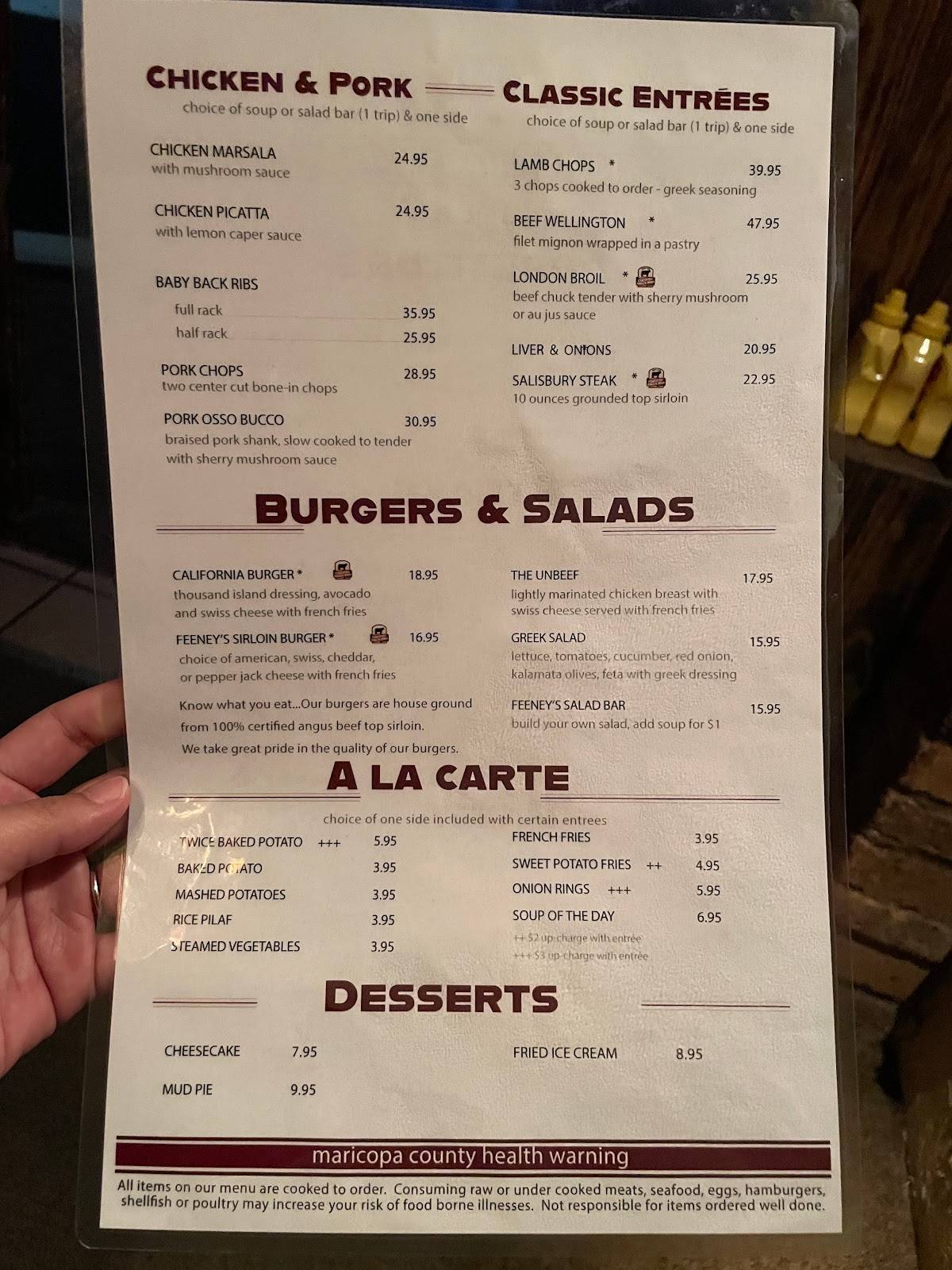 Menu at Feeney's Restaurant & Bar, Phoenix