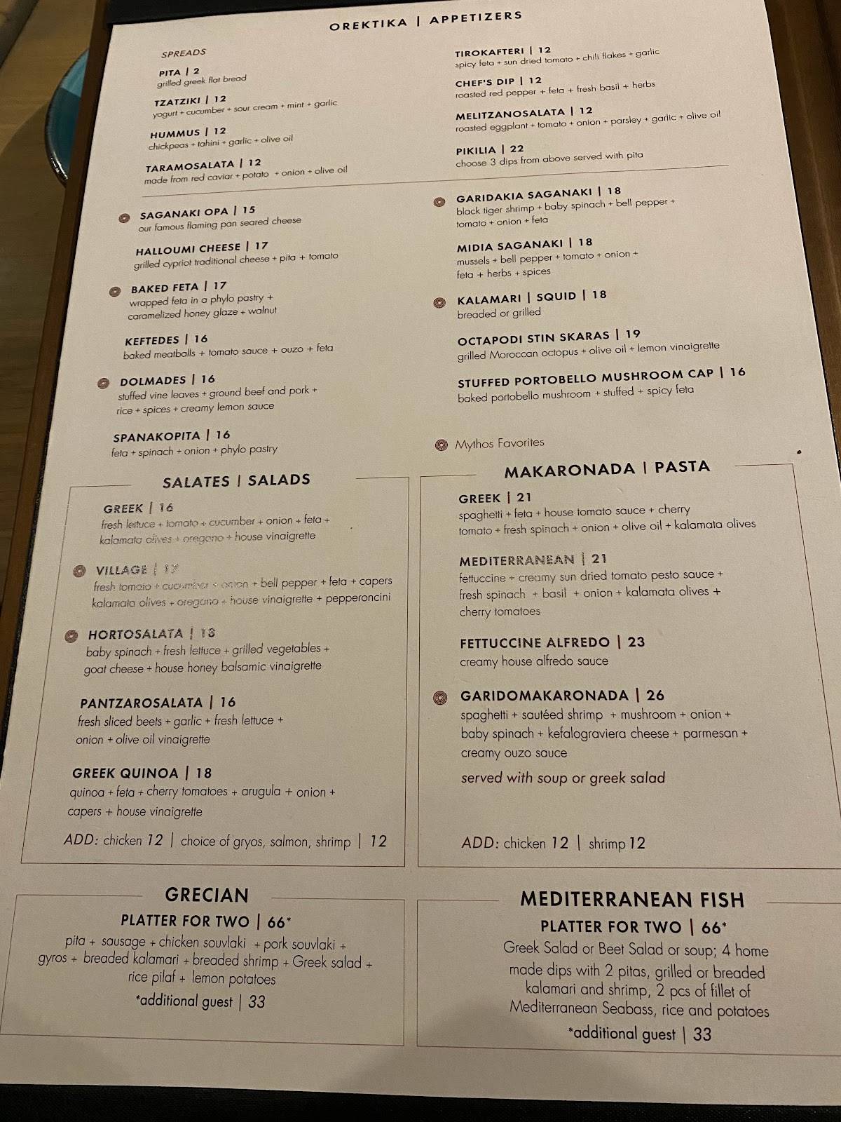 Menu at MYTHOS Greek Cuisine Wine Bar, Burlington