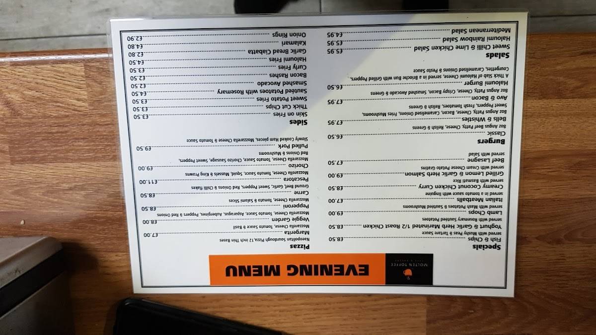 Menu at Molten Toffee cafe, London
