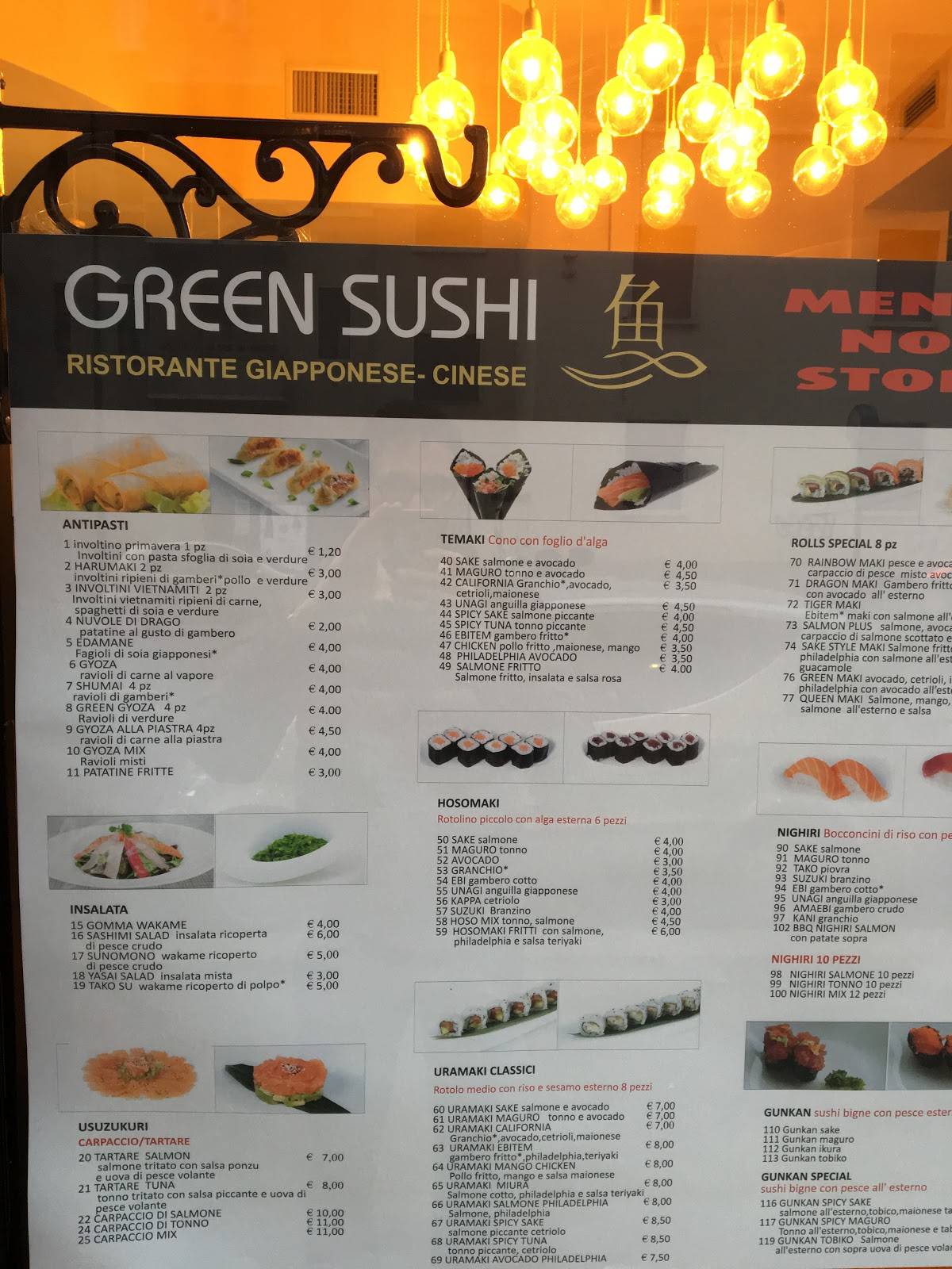 Menu at Green Sushi restaurant, Milan