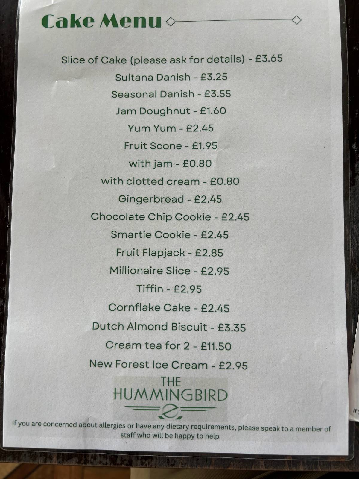 Menu at Hummingbird Restaurant, Shoreham-by-Sea