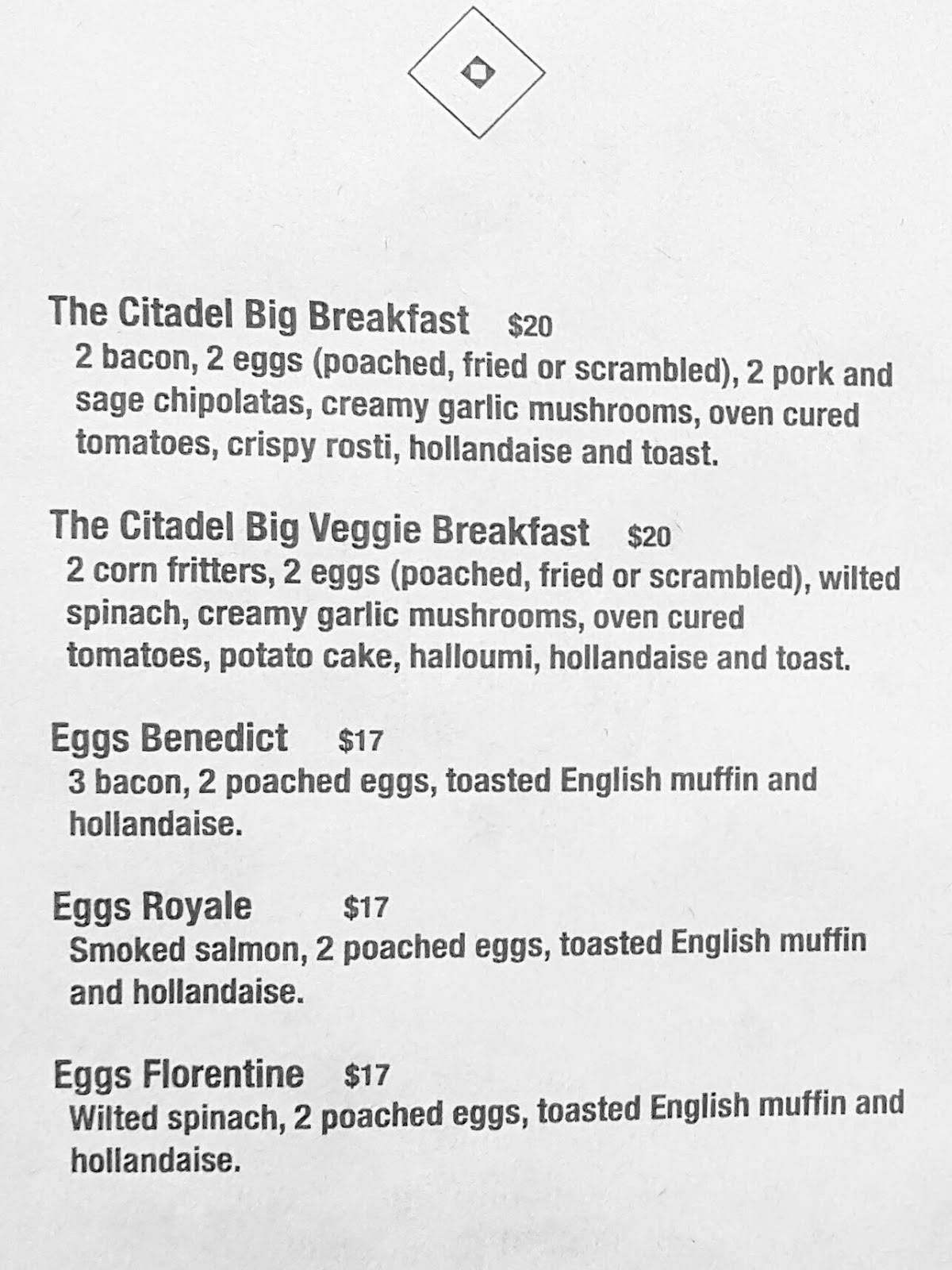 Menu at The Citadel Cafe, Whanganui