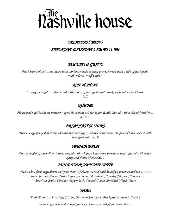 Menu at The Nashville House restaurant, Nashville, 15 S Van Buren St