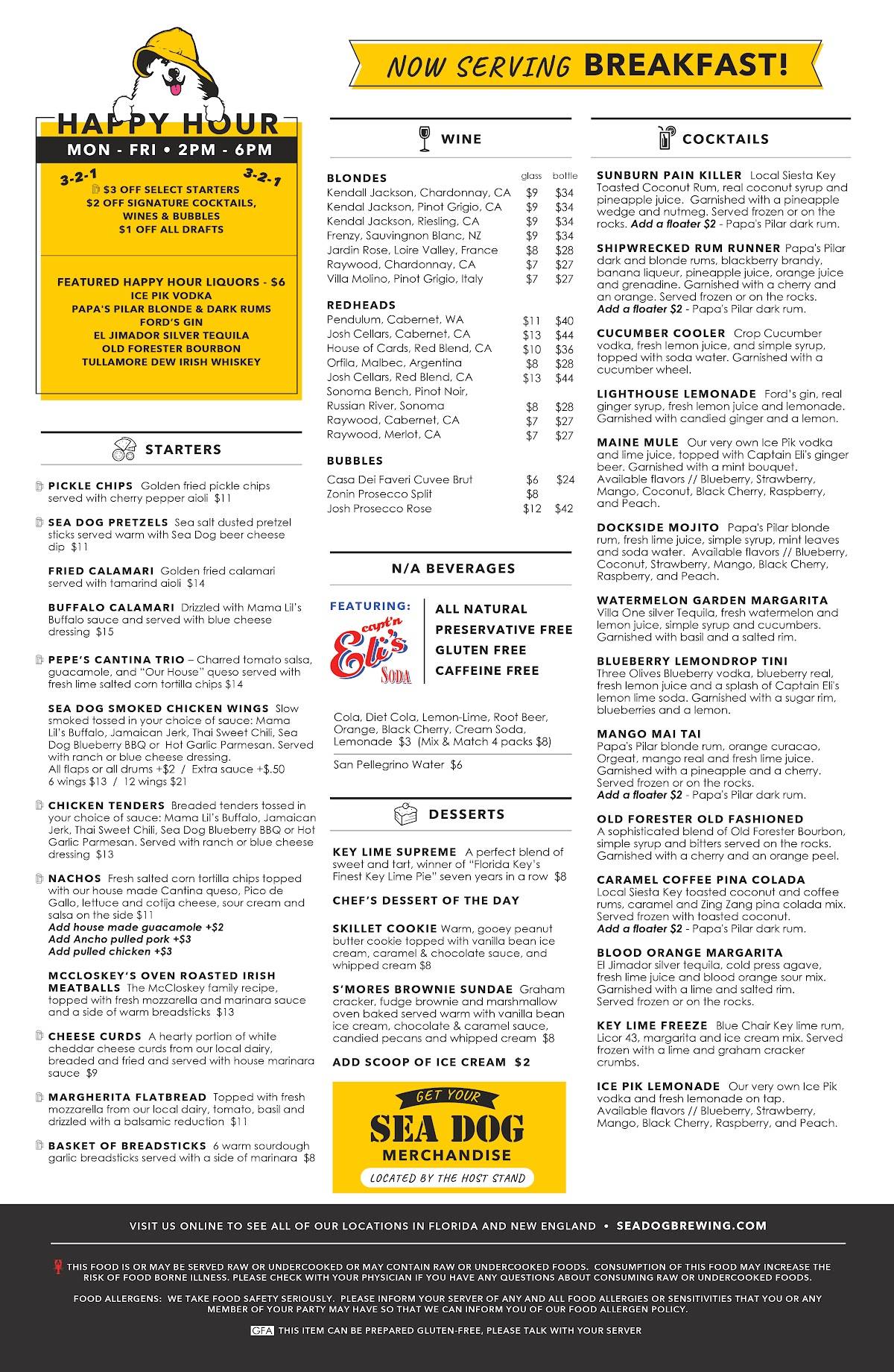 Menu at Sea Dog Brewing Co. pub & bar, Treasure Island