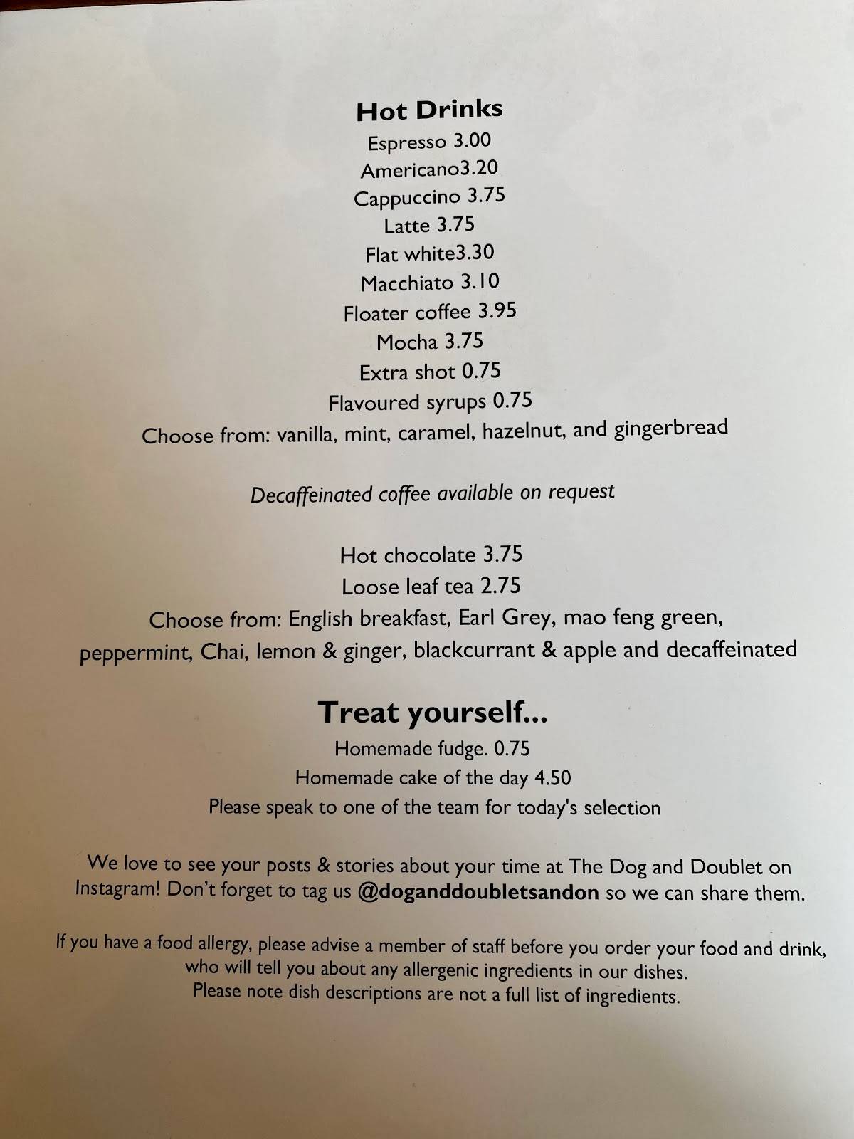 Menu at Dog & Doublet Inn pub & bar, Stafford
