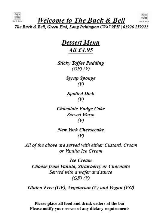 Menu at The Buck & Bell pub & bar, Southam