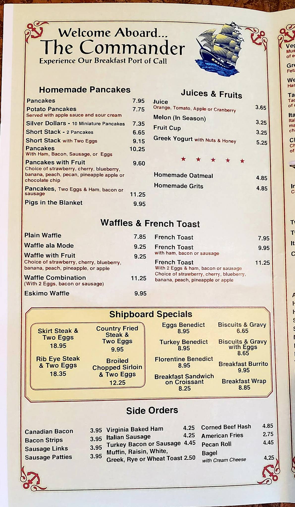 Menu at Commander Restaurant, Munster