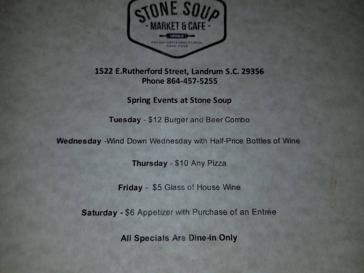 Menu at Stone Soup restaurant, Landrum