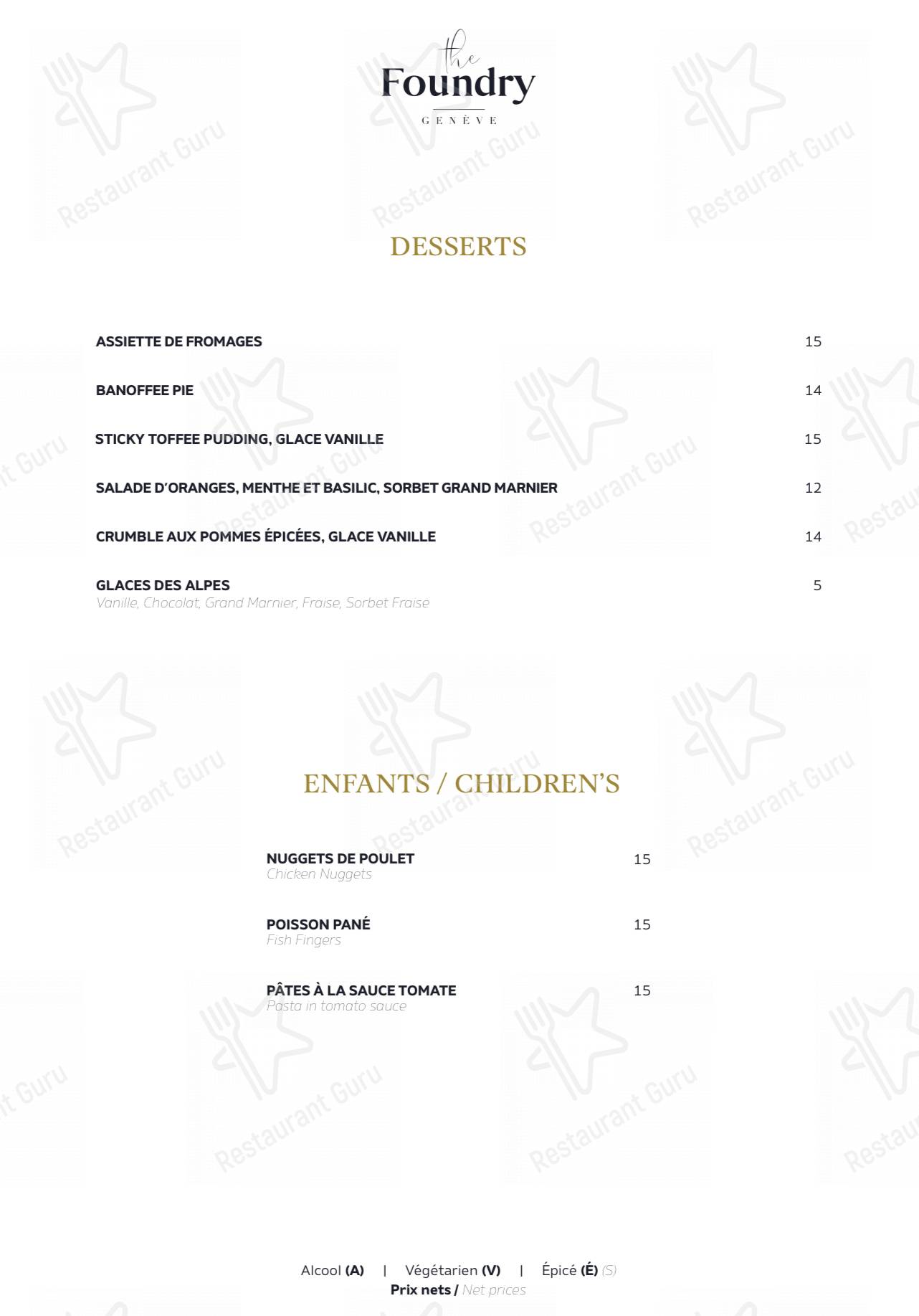 Menu at The Foundry Restaurant, Geneva