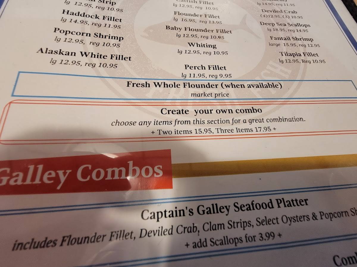 Menu at Captain's Galley restaurant, Stony Point