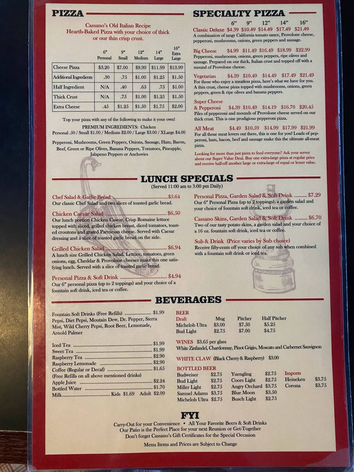 Menu at Cassano's Pizza & Subs pizzeria, Sidney, Wapakoneta Ave