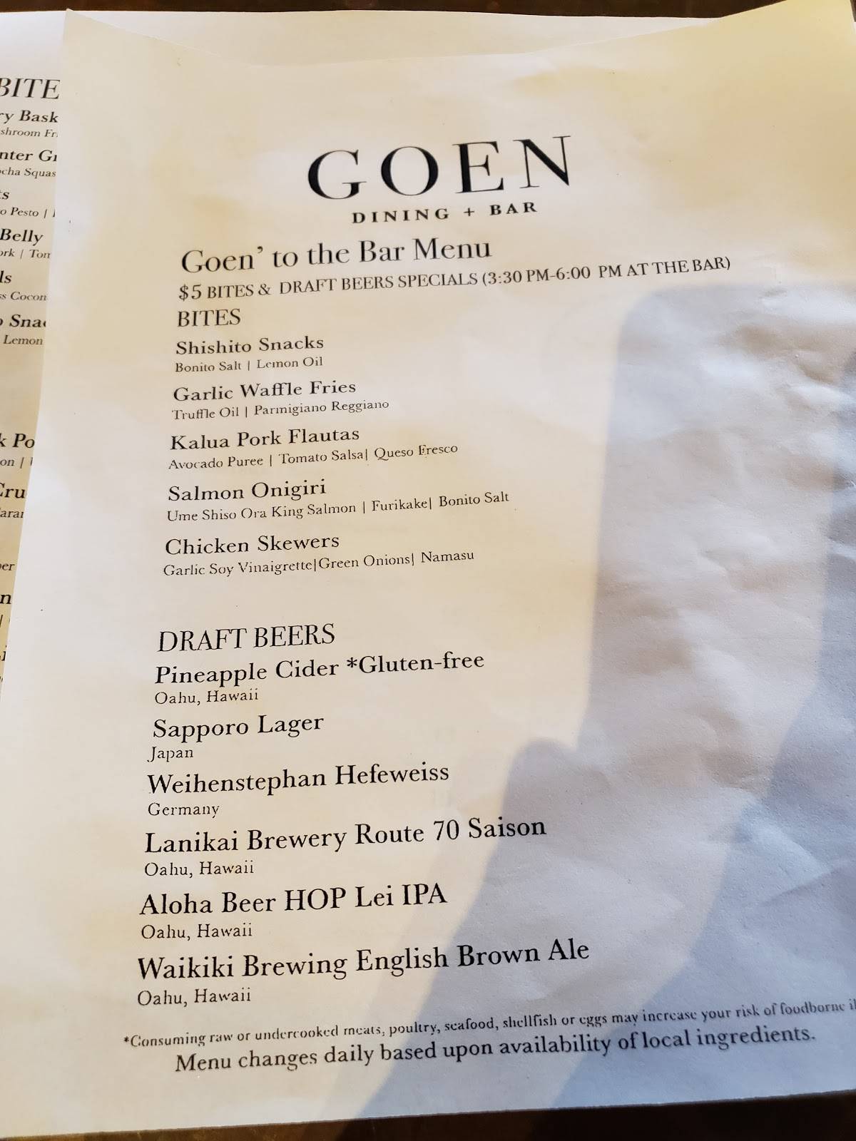 Menu at GOEN Dining + Bar, Kailua