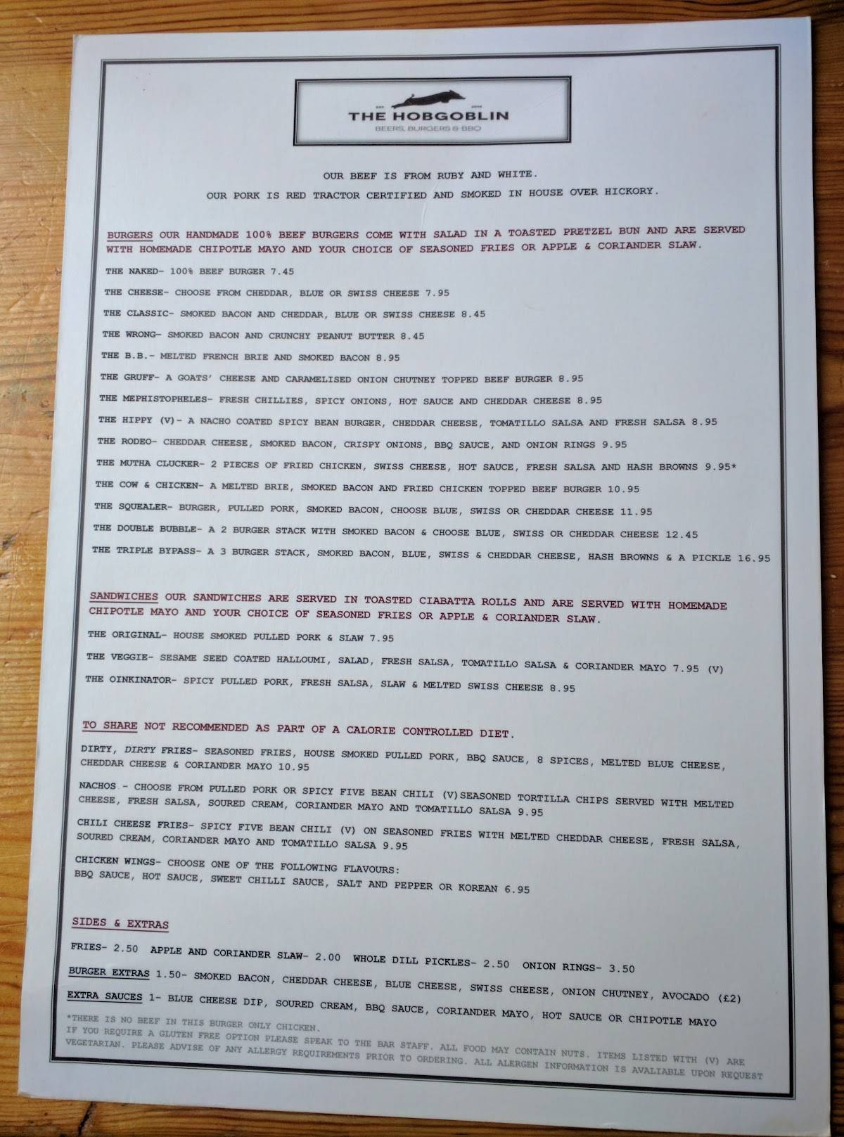 Menu at Hobgoblin pub & bar, Bristol