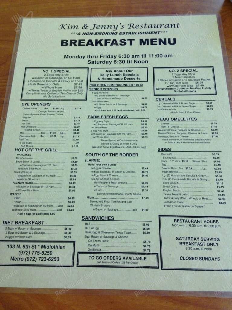 Menu at Kim & Jenny's Restaurant, Midlothian