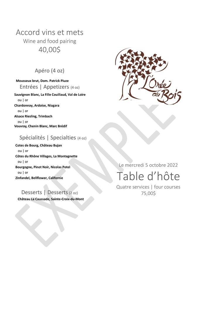 Menu au L'Orée du Bois restaurant, Chelsea