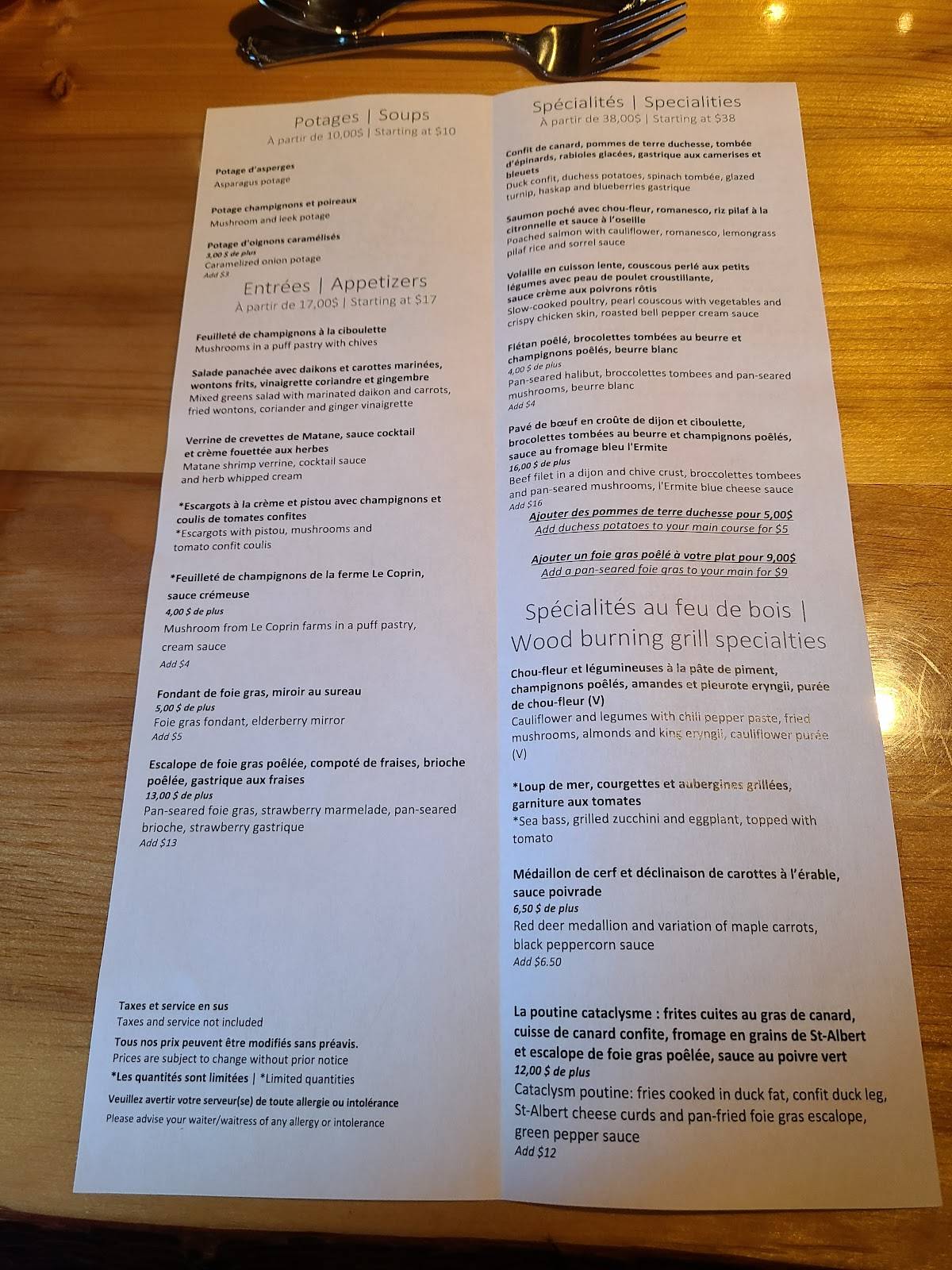 Menu au L'Orée du Bois restaurant, Chelsea